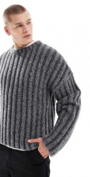 Weekday - Connor wool blend slightly cropped ribbed sweater in gray