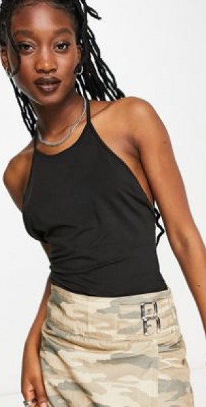 Weekday - Deep low back halter neck top in black