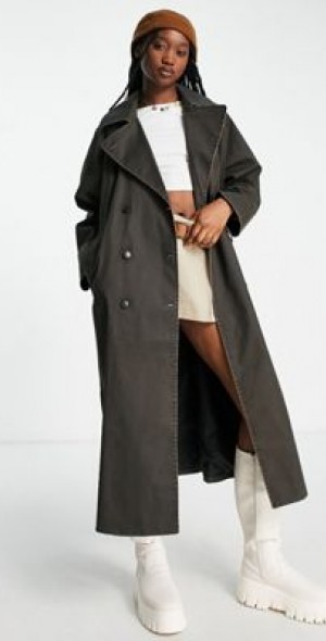 Weekday - Ezra coated acid wash trench coat in brown