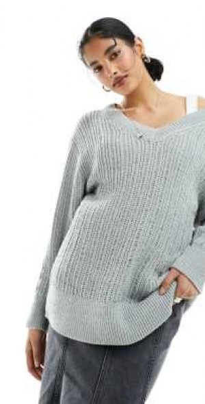 Weekday - Farila oversized v neck ladder knit sweater in light gray