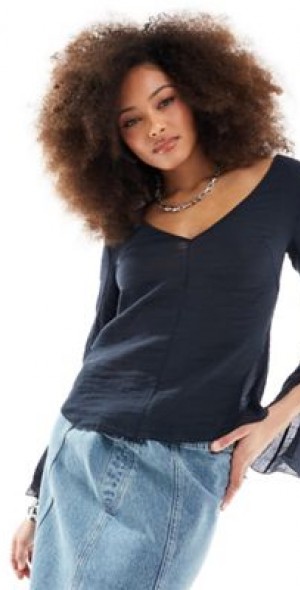 Weekday - Sophia sheer blouse with open back in Navy-Gray