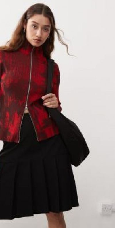 Weekday - Sylvie high neck zip cardigan with jacquard pattern in red