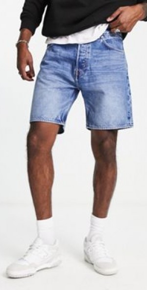Weekday - Vacant straight fit denim shorts in mid blue