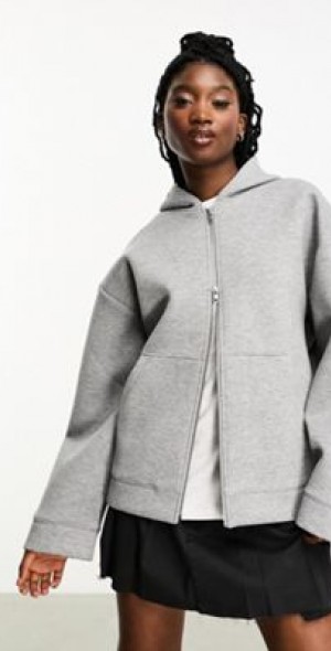 Weekday - volume scuba zip up hoodie in gray melange