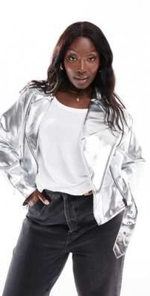 Yours - metallic cropped jacket in silver