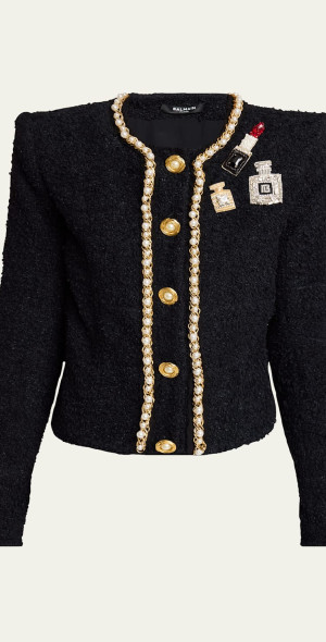 Balmain - Patch-Embroidered Chain and Pearl Tweed Jacket