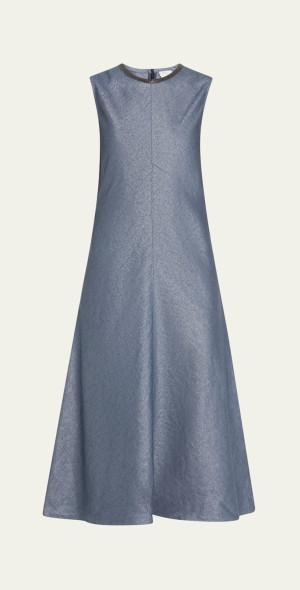 Brunello Cucinelli - Shiny Long Linen Wool Twill A-Line Dress with ...