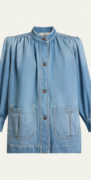 Chloe - Long High Neck Gathered Denim Jacket