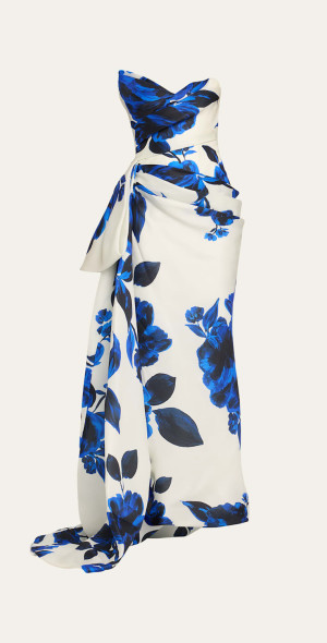 Monique Lhuillier - Floral Print Asymmetric Draped Column Gown