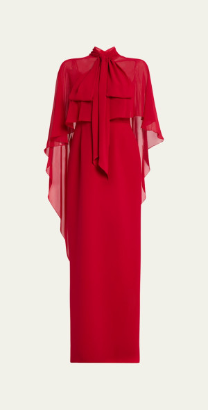 Rickie Freeman for Teri Jon - Draped Tie-Neck Cape Column Gown