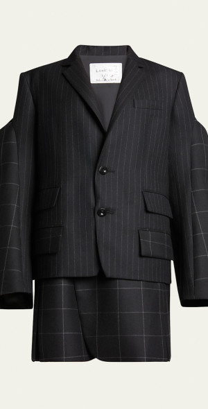 SACAI - Pinstripe Windowpane Wool Blazer with Oversized Sleeves