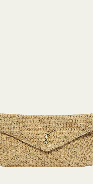 Saint Laurent - Large YSL Envelope Pouch Clutch Bag in Raffia & Leather