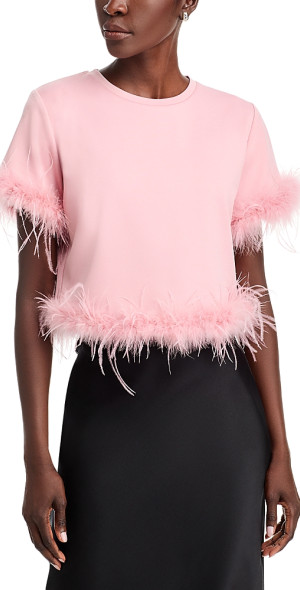 Aqua - Feather Trim Short Sleeve Top