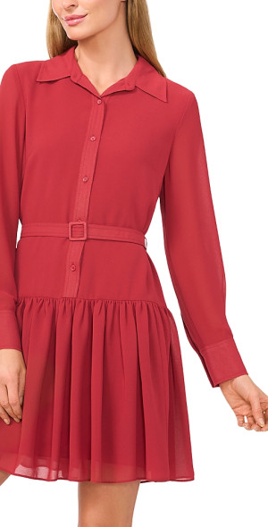 Cece - CeCe Long Sleeve Tiered Pleated Shirt Dress