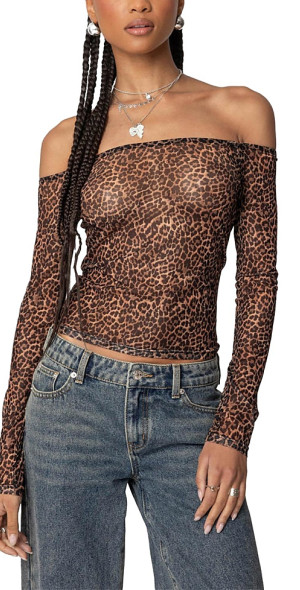 Edikted - Leopard Sheer Mesh Off Shoulder Top