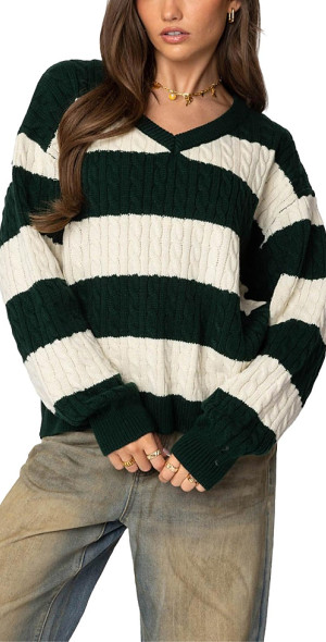 Edikted - Oversized Striped Cable Knit Sweater