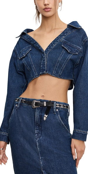 Good American - Denim Off Shoulder Cropped Jacket