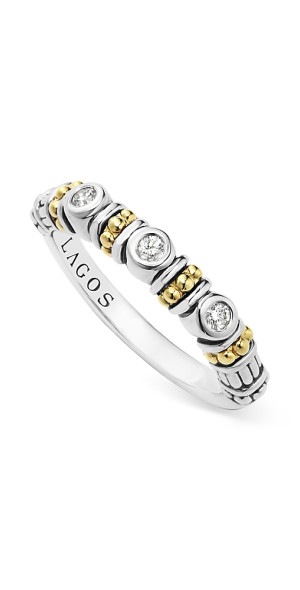 Lagos - Sterling Silver Three Diamond Stacking Ring with 18K Gold Stations