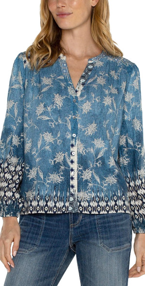 Liverpool Los Angeles - Printed Shirred Button Front Blouse