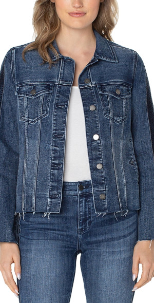 Liverpool Los Angeles - Velvet Trim Frayed Denim Jacket