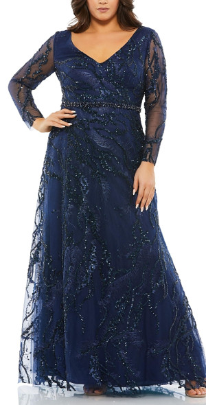Mac Duggal - Embellished Illusion Long Sleeve V-Neck A-Line Gown