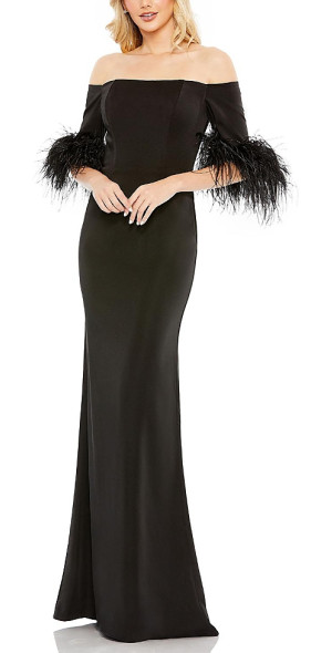 Mac Duggal - Feather Trim Off The Shoulder Column Gown