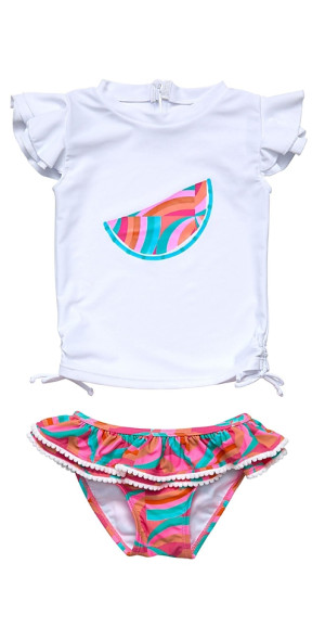 Snapper Rock - Girls' Geo Melon Sustainable Short Sleeve Ruffle Set