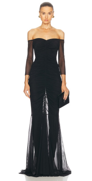 Norma Kamali - Off Shoulder Shirred Front Fishtail Gown