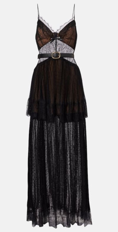 Self-Portrait - Sheer tiered lace-trimmed maxi dress