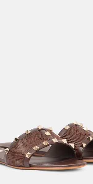 Valentino Garavani - Rockstud leather and raffia slides
