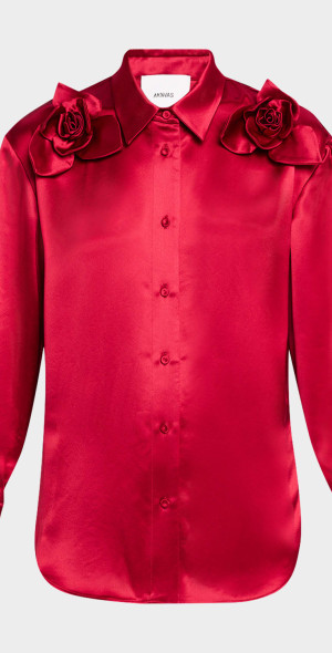 AKNVAS - Flor Satin Button-Front Blouse with Roses