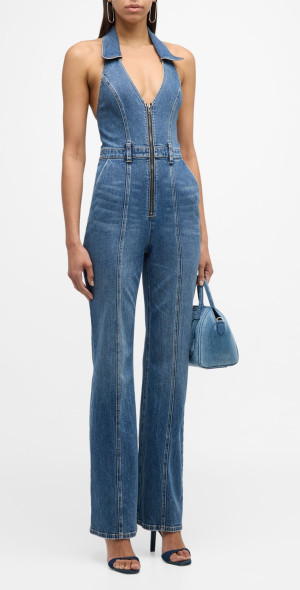 Alice + Olivia - Noemi Backless Halter Denim Jumpsuit
