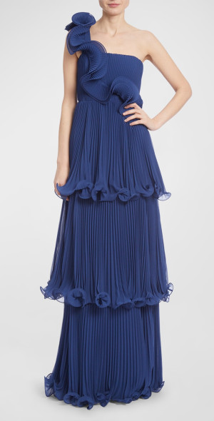 Badgley Mischka Collection - Pleated Ruffle Tiered One-Shoulder Gown