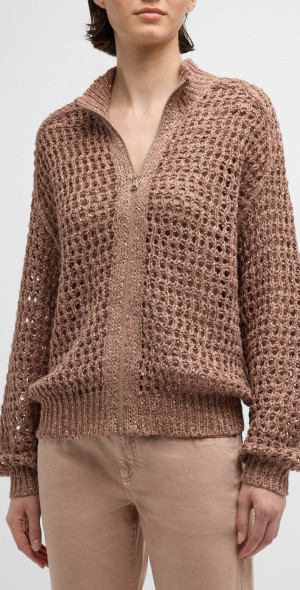 Brunello Cucinelli - Silk-Linen 3D Diamond Net V-Neck Zip Cardigan