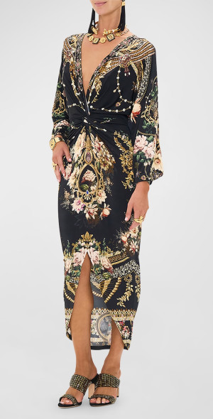 Camilla - Long Split Front-Twist Floral Midi Dress