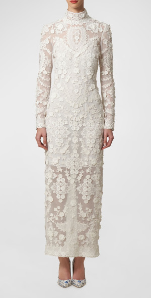 Carolina Herrera - Embellished Floral Applique Column Gown with Slip