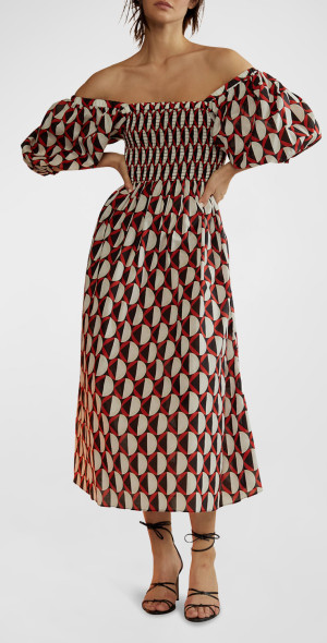 Cynthia Rowley - Smocked Off-Shoulder Geo-Print Midi Dress