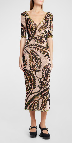 Etro - African-Print Mesh V-Neck Elbow-Sleeve Midi Dress