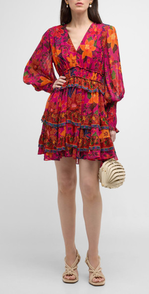Farm Rio - Tropical Tapestry Tiered Puff-Sleeve Mini Dress