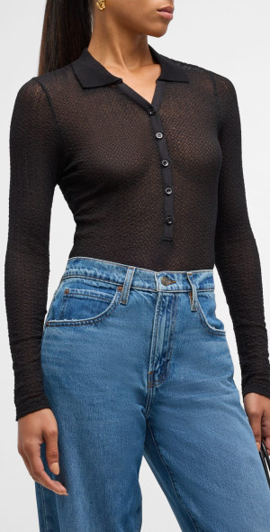 FRAME - Sheer Mesh Lace Polo Top