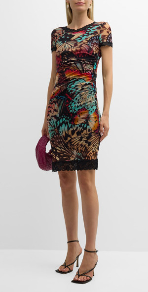 Fuzzi - Butterfly-Print Lace-Trim Tulle Mini Dress