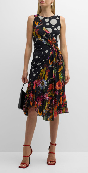 Fuzzi - Draped Polka-Dot & Floral-Print Midi Dress