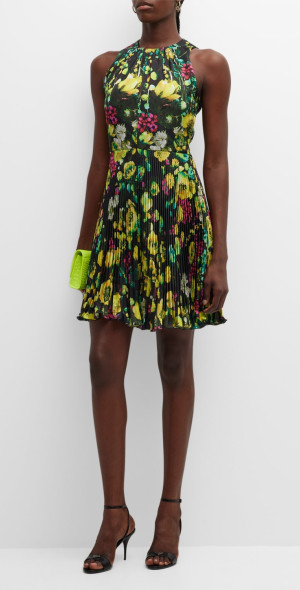 Fuzzi - Sleeveless Pleated Floral-Print Mini Dress