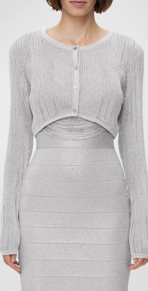 Herve Leger - Metallic Pointelle Knit Crop Cardigan