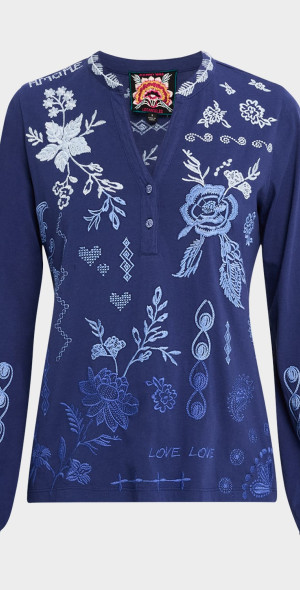 Johnny Was - Laura Floral-Embroidered Cotton Henley Tee