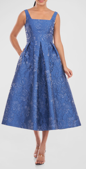 Kay Unger New York - Tiegan Pleated Floral Jacquard Midi Dress