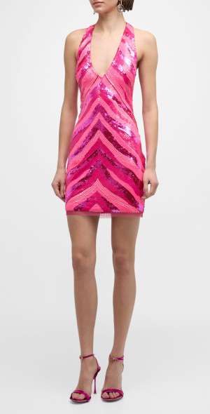 Liv Foster - Backless Deep V-Neck Sequin Halter Mini Dress