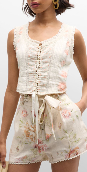 LoveShackFancy - Corvelle Lace-Up Floral Bustier Top