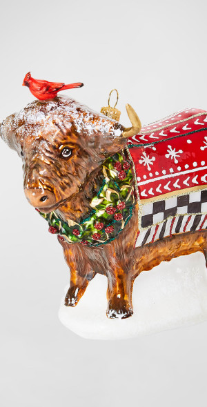 MacKenzie-Childs - Cozy Christmas Highland Cow Glass Ornament