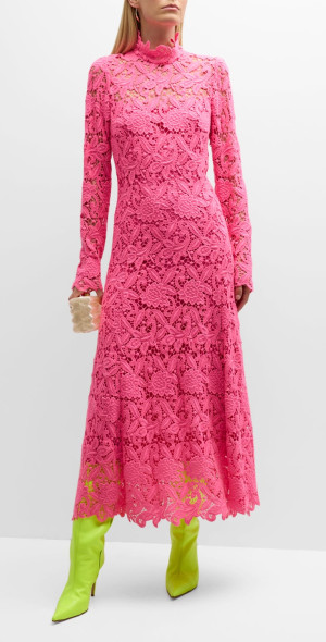 Maison Common - Mock-Neck Long-Sleeve Lace Midi Dress With Slip